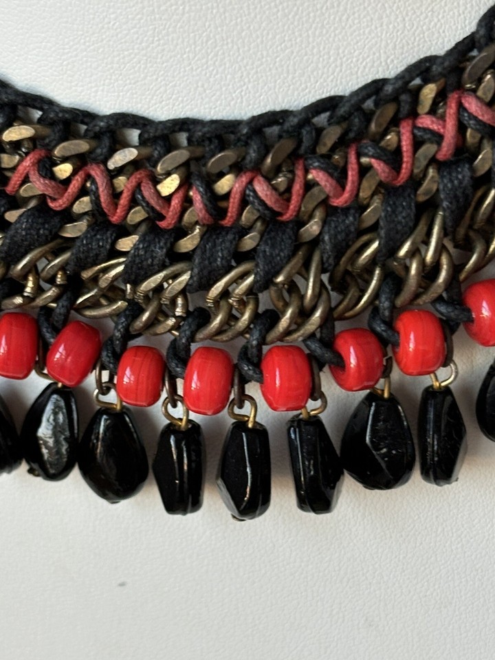 Tribal Collar Necklace/ Red & Black Beads/ Various Types Of Stitching ...