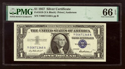 1957 $1 Silver Certificate Bank Note Fr 1619 Priest/Anderson PMG 66 EPQ ...