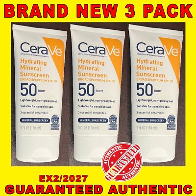 CeraVe Hydrating Mineral Sunscreen SPF 50 BODY 5 FL OZ. Lightweight 3PK ...