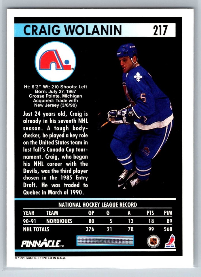 1991-92 Pinnacle Craig Wolanin Quebec Nordiques #217 | eBay
