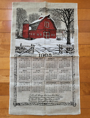 VTG Kay Dee 1985 Calendar Tea Towel Red Barn Xmas Snow Farm Warren ...