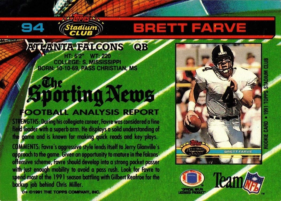 BRETT FAVRE ROOKIE 1991 Topps Stadium Club Brett Favre #94 RC | eBay