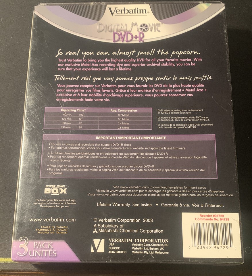 VERBATIM 3 Pack DVD+R Recordable Blank DVDs 4.7GB 120 Minutes NEW ...