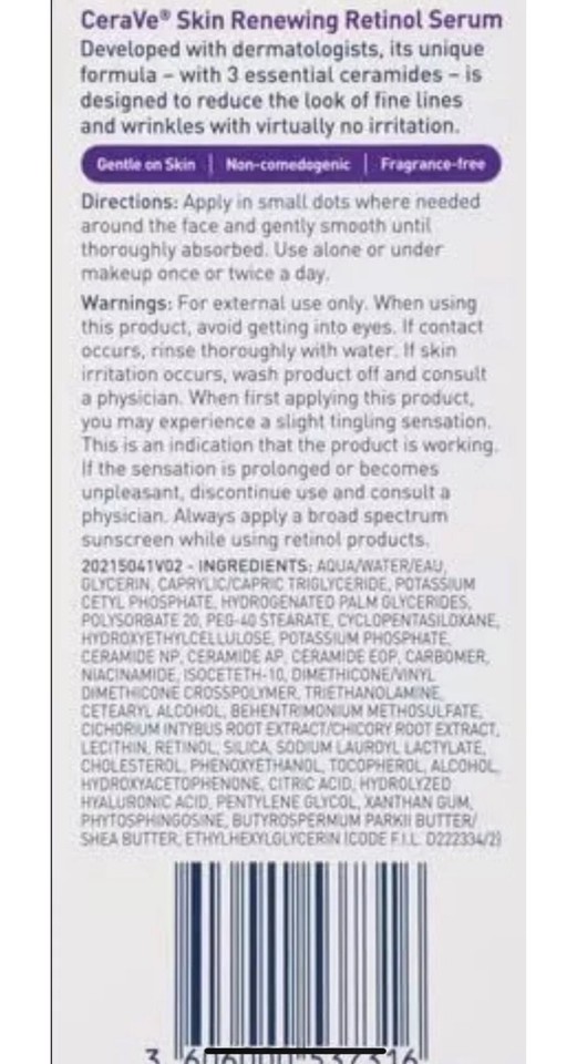 CeraVe Skin Renewing Retinol Face Serum Fine Lines and Wrinkles 1 oz ...