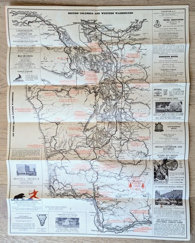 Vintage 1950s Folding Map of Washington State, Seattle and British ...