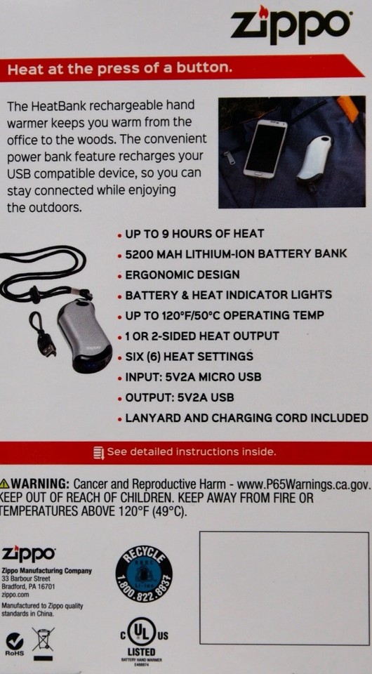 Zippo Silver Heatbank 9s Rechargeable Hand Warmer and 5200 MAH Power ...