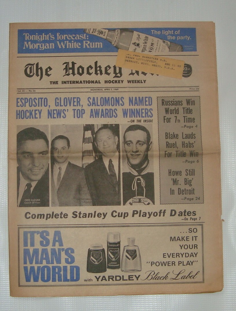 THE HOCKEY NEWS April 5 1969 Vol.22 #26 Stanley Cup Playoff Dates,Award ...