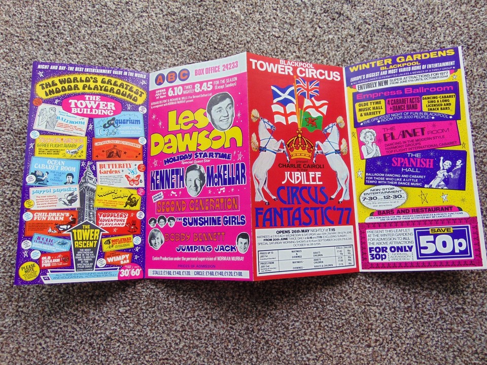 Blackpool Summer Attractions 1977 leaflet (theatre, Eric Sykes, Danny ...