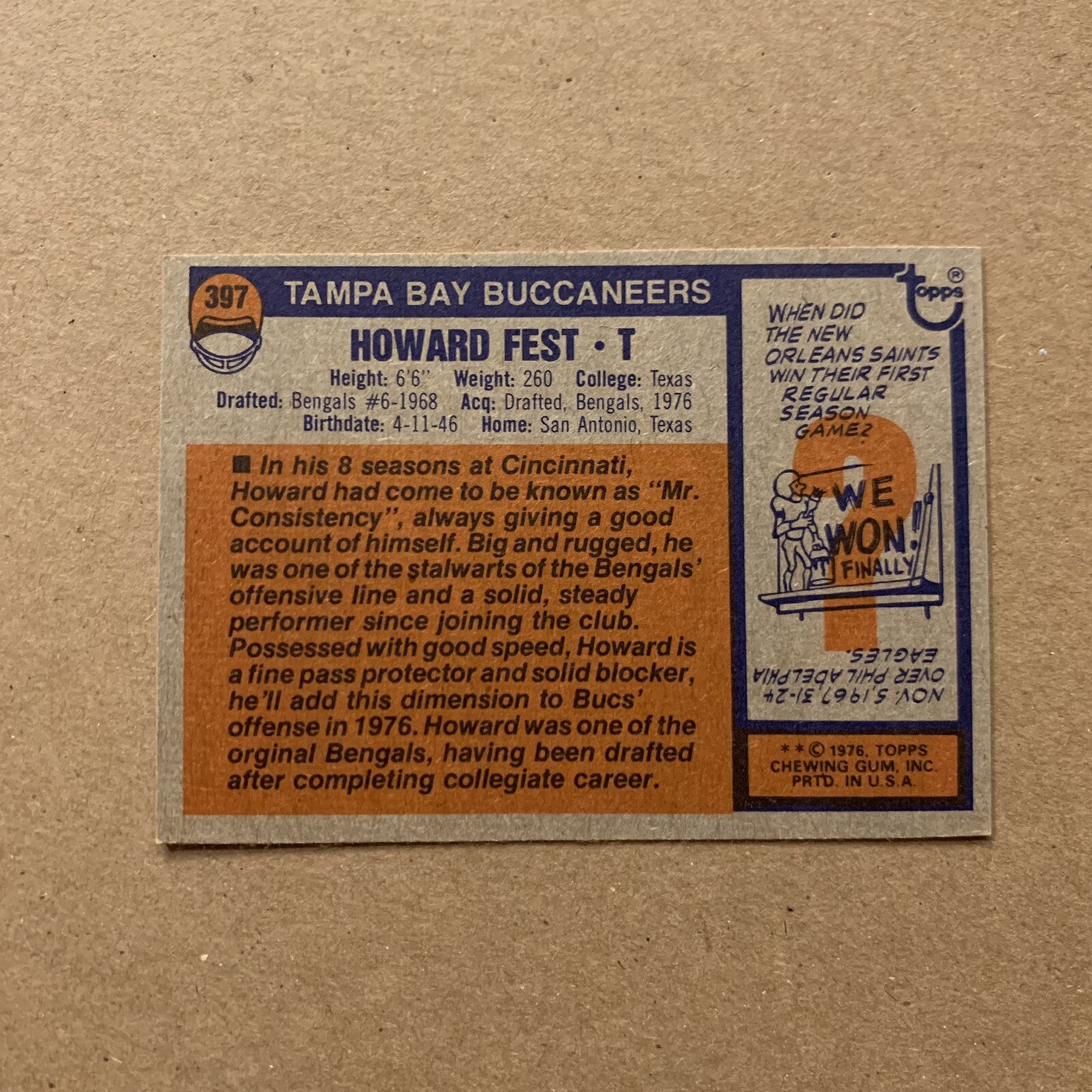 1976 Topps Howard Fest # 397 Tampa Bay Buccaneers Bucs Football Card ...