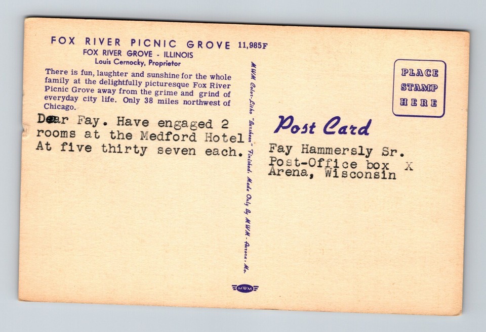 FOX RIVER GROVE, ILLINOIS FOX RIVER PICNIC GROVE POSTCARD (G-15-2) | eBay