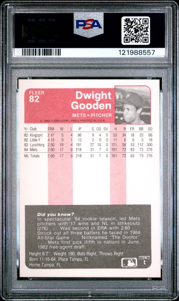 1985 Fleer #82 Dwight Gooden Rookie RC New York Mets PSA 9 MINT New ...