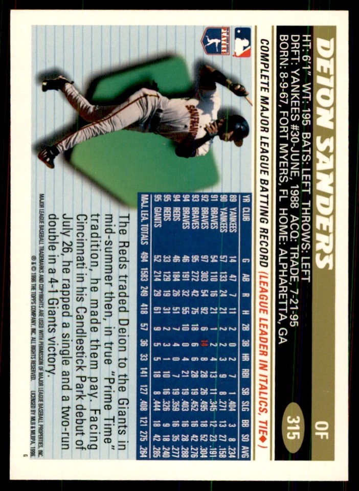 1996 Topps. Deion Sanders Baseball Cards #315 | eBay