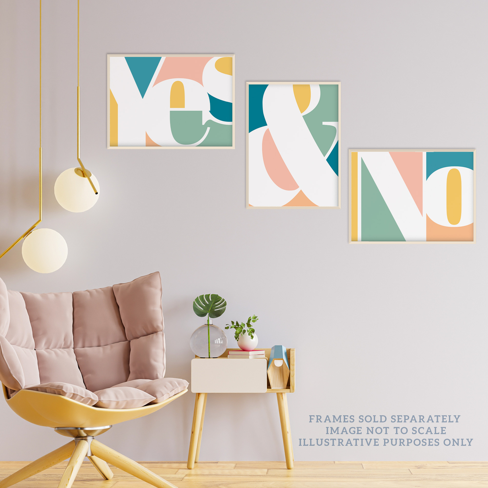 Pack of 3 Symbol Typography Words Yes And No Pastel Unframed Art Prints ...