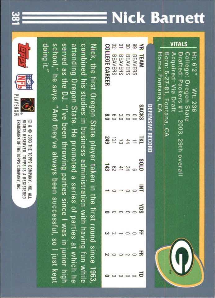 2003 Topps #381 Nick Barnett RC Rookie Packers | eBay