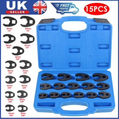 15pc Metric Crowfoot Wrench Set 8-24mm 3/8" 1/2" Drive Large Crows Foot ...