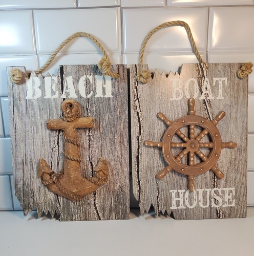 2 Nautical Anchor Ship Wheel Wall Hanging Plaques Beach Boat House ...