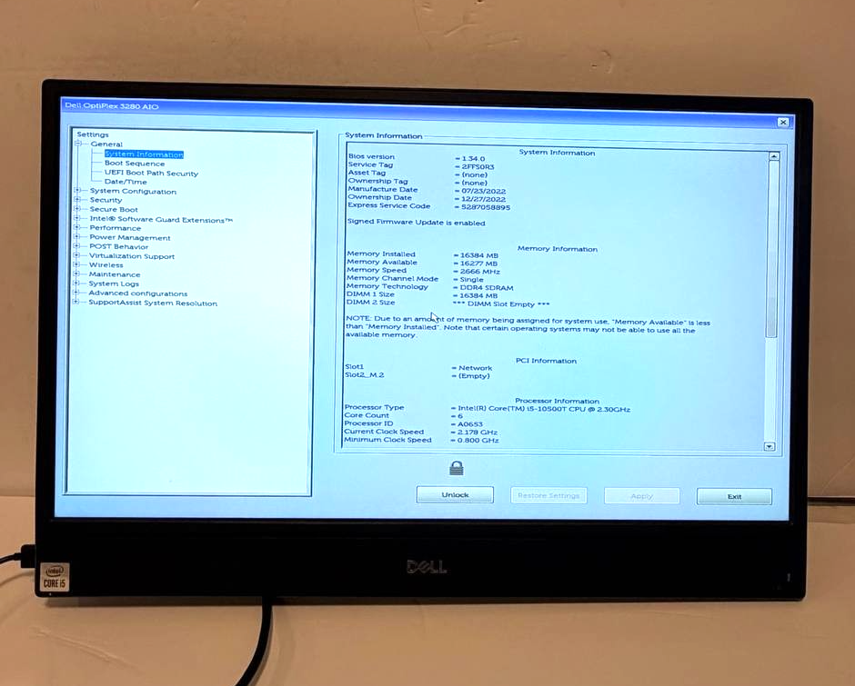 Dell OptiPlex 3280 AIO i5-10500T 16GB No SSD/ NO Charger/ No Stand ...