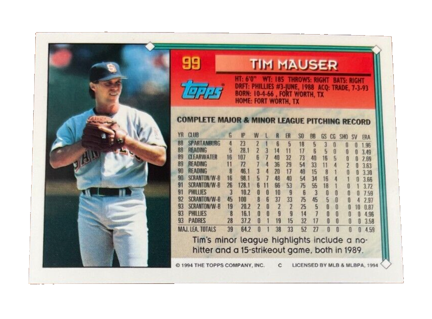1994 TOPPS Card # 99 Tim Mauser - San Diego Padres | eBay
