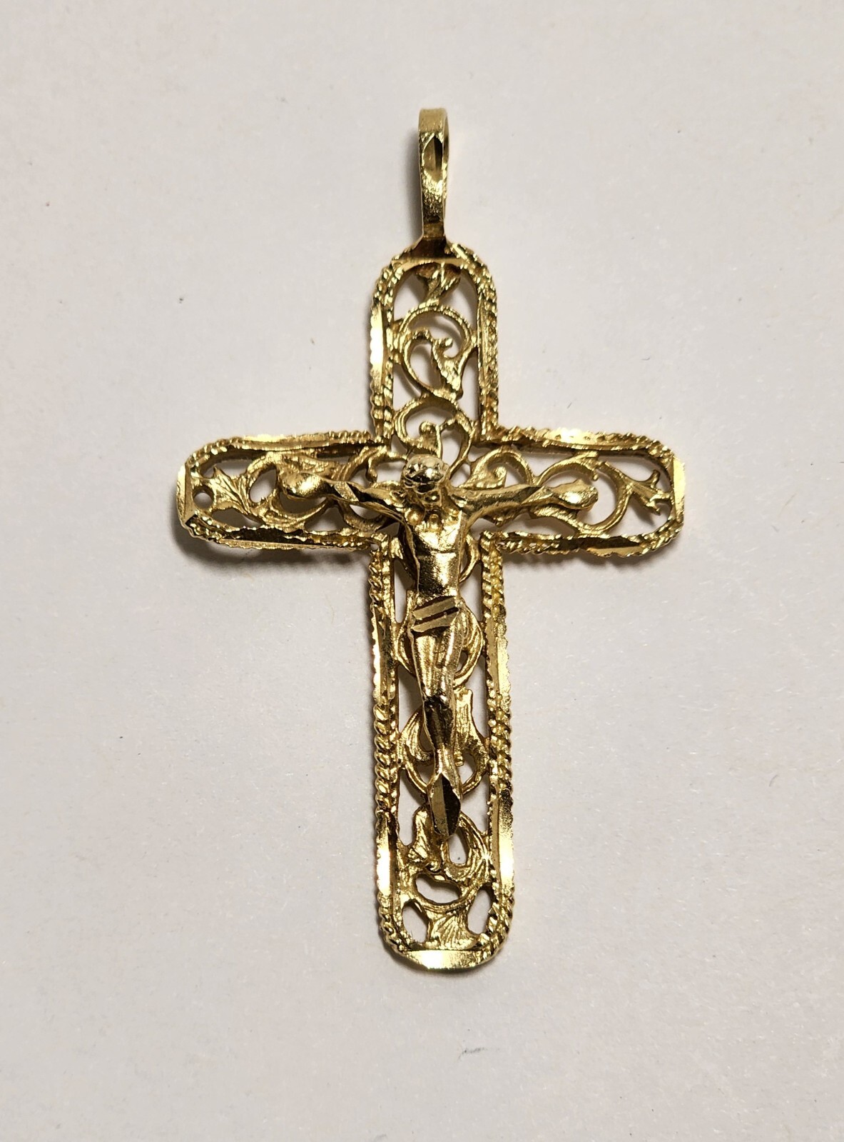 14K Gold Crucifix on hand carved Filigree Cross - Gem