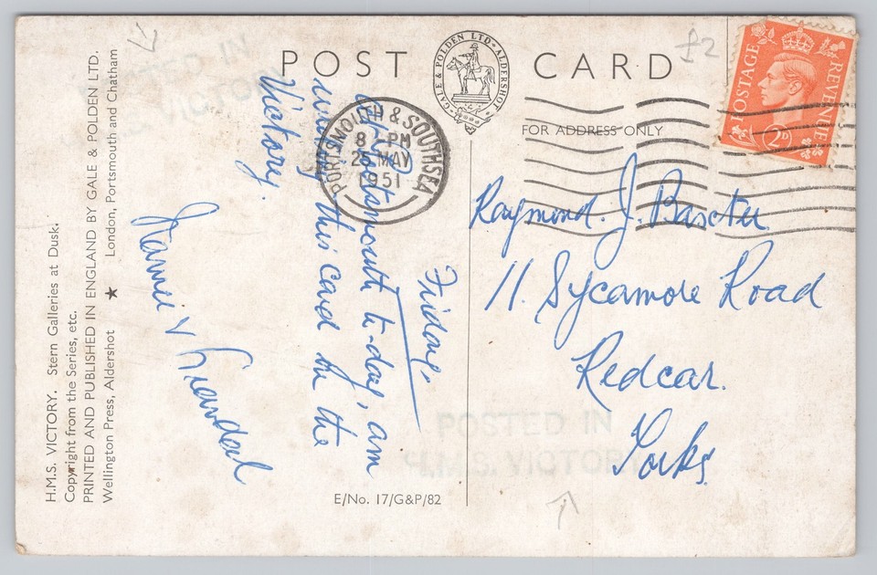 HMS Victory Stern Galleries at Dusk Postcard 1951 Posted on Ship Cancel ...