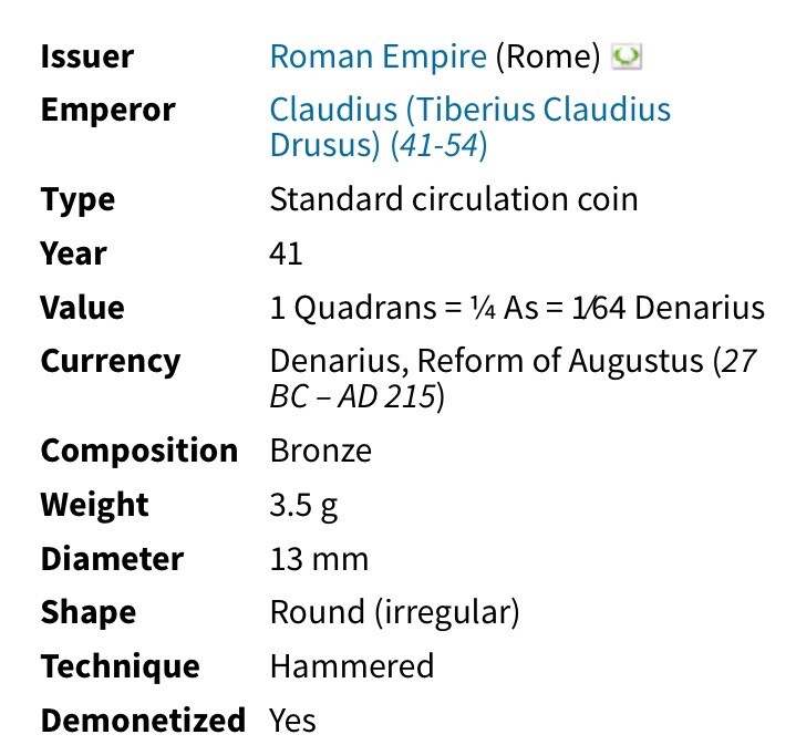 Claudius I Quadrans Ancient Roman Coin 3 Leg Modius 2000 Year Old 41 ...