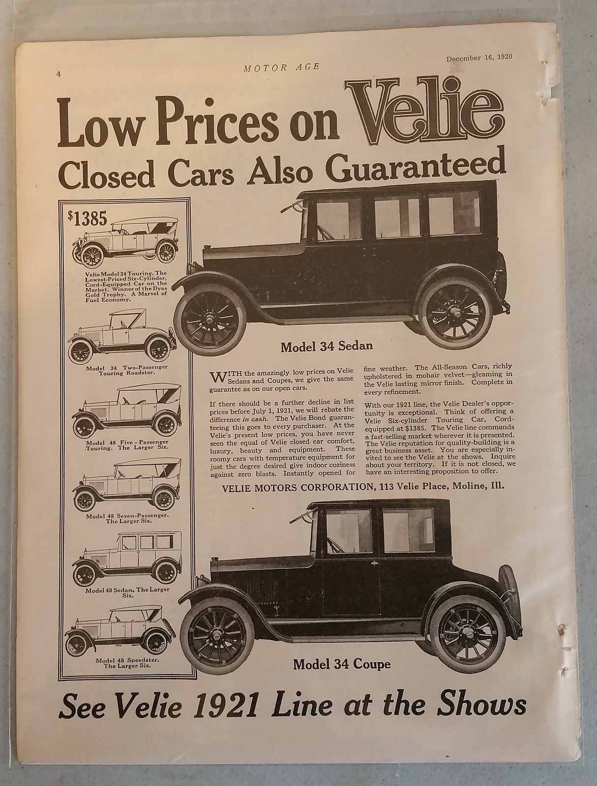 Vintage 1920 The Velie Motor Company Model 1921 Model 34 Sedan & Coupe ...