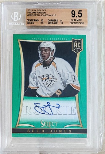 2013-14 SETH JONES PANINI SELECT GREEN PRIZM ROOKIE RC AUTO /15 BGS 9.5 ...
