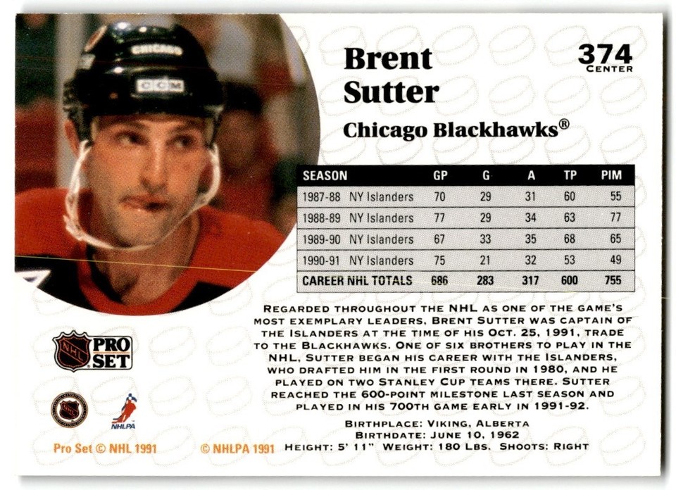 1991-92 Pro Set Brent Sutter Chicago Blackhawks #374 | eBay
