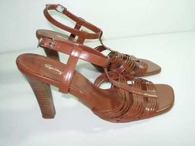 WOMENS BROWN RUST LEATHER T STRAP SPIEGEL SANDALS CAREER HEELS SHOES ...