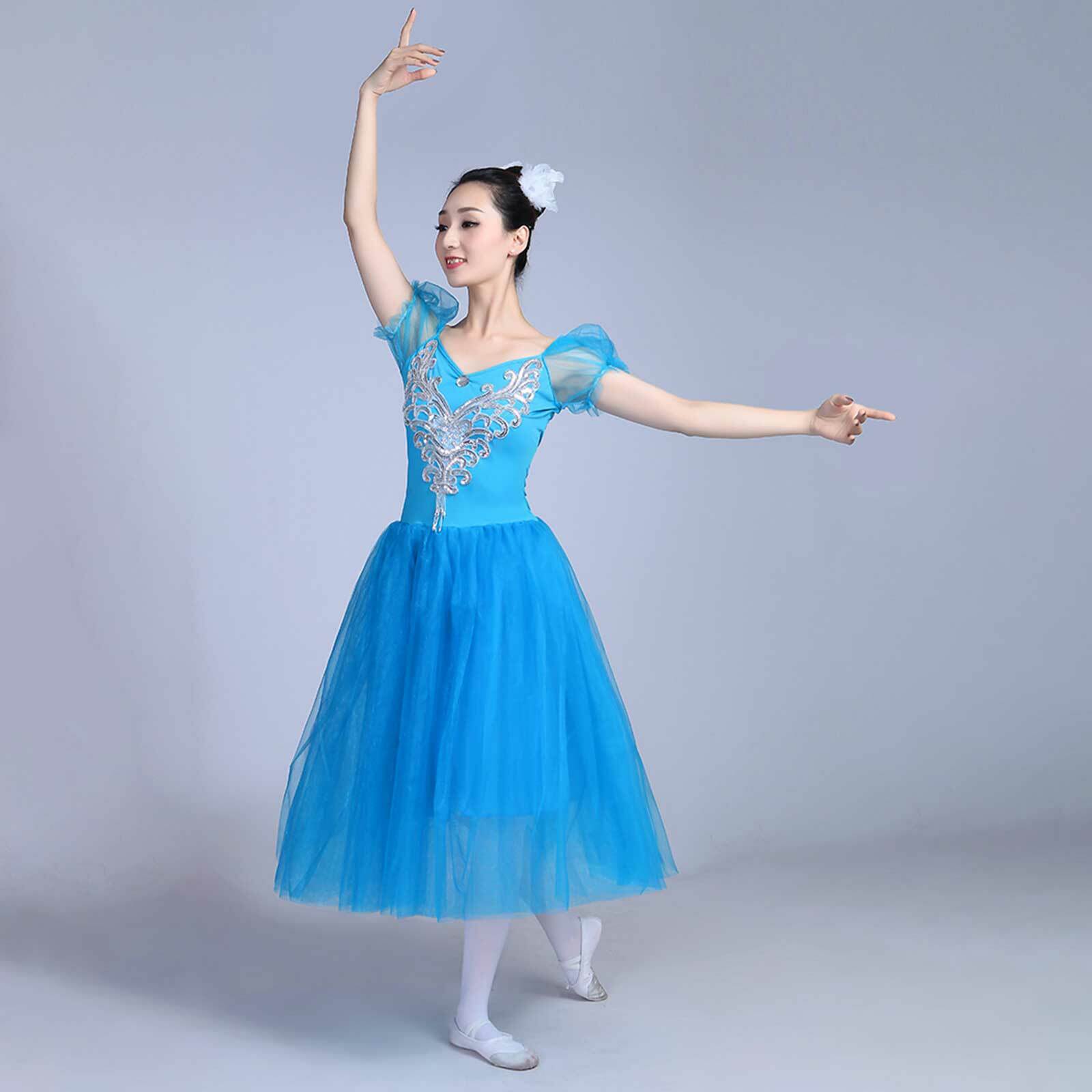 Womens Ballet Dance Mesh Tulle Long Dress Ballerina Swan Lake Princess ...