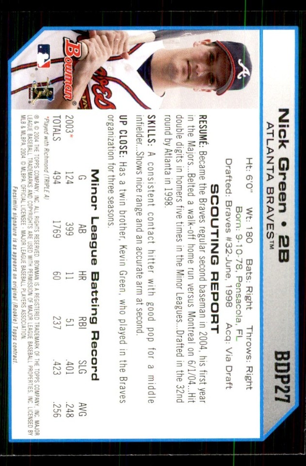 2005 Bowman Nick Green 101 Baseball Cards #BDP27 | eBay