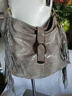 GILLI Leather Gray Faux Snake Skin Fringe Shoulder HandBag 12" X 15" X ...