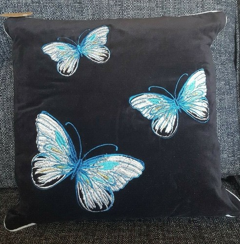 Cooksmart Opulence Blue Butterfly design filled cushion black velvet ...