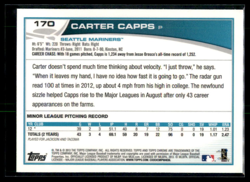 2013 Topps Chrome Carter Capps RC #170 Seattle Mariners | eBay