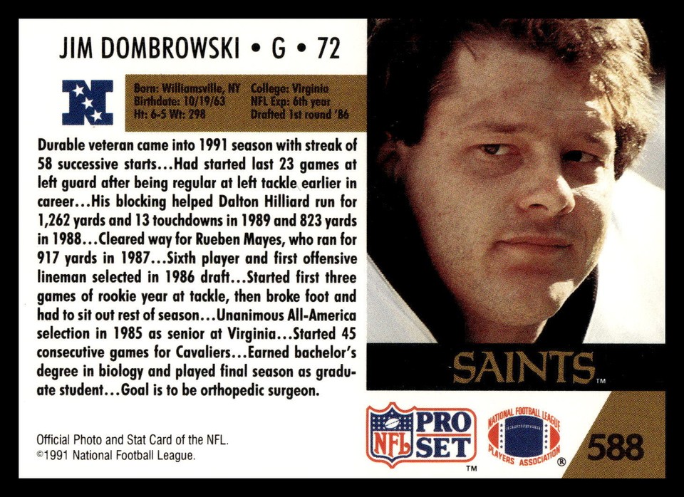 1991 Pro Set #588 Jim Dombrowski New Orleans Saints Football NM | eBay