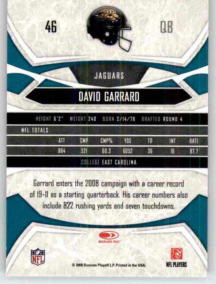 2008 Gridiron Gear David Garrard NFL PWE Foil Base Card Jaguars #46 | eBay