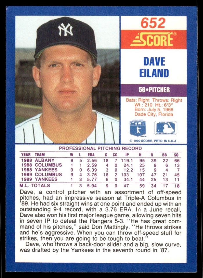 1990 Score Baseball Card Dave Eiland New York Yankees #652 | eBay