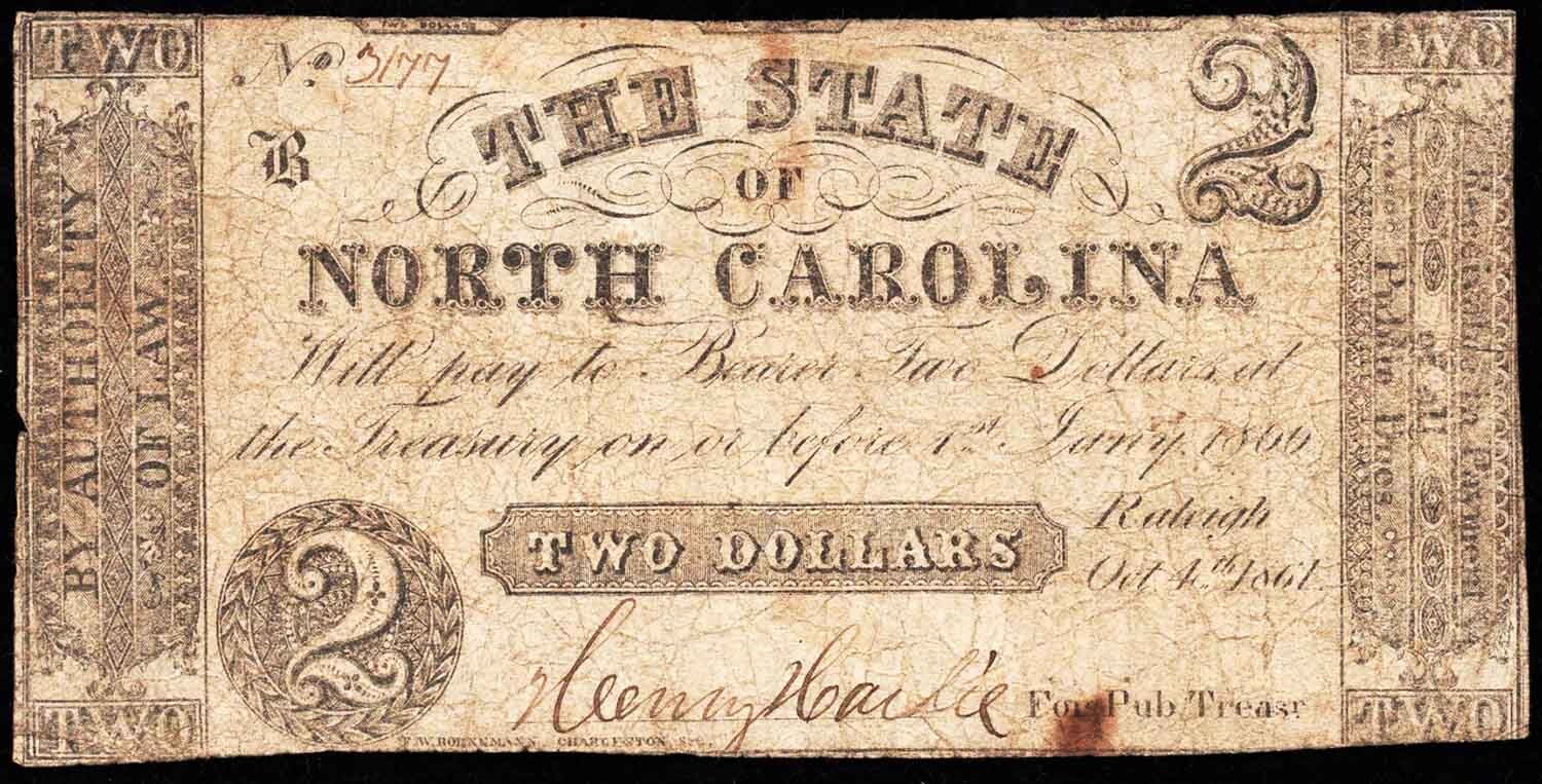 1861 RALEIGH, NORTH CAROLINA $2 OBSOLETE STATE BANK NOTE FINE CONDITION ...