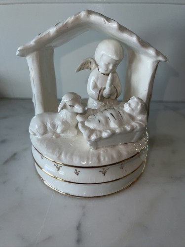Vintage round Ceramic ivory & gold Nativity Baby Jesus Angel Lamb ...