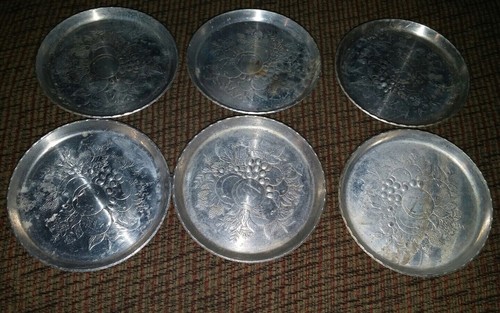 Vtg Aluminum Coasters w/ Scalloped Raised Edge/ Fruit-Flower Pattern ...
