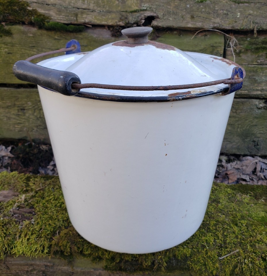 Rustic Vintage Enamelware White Enamel Porcelain Bucket Pot Farmhouse ...