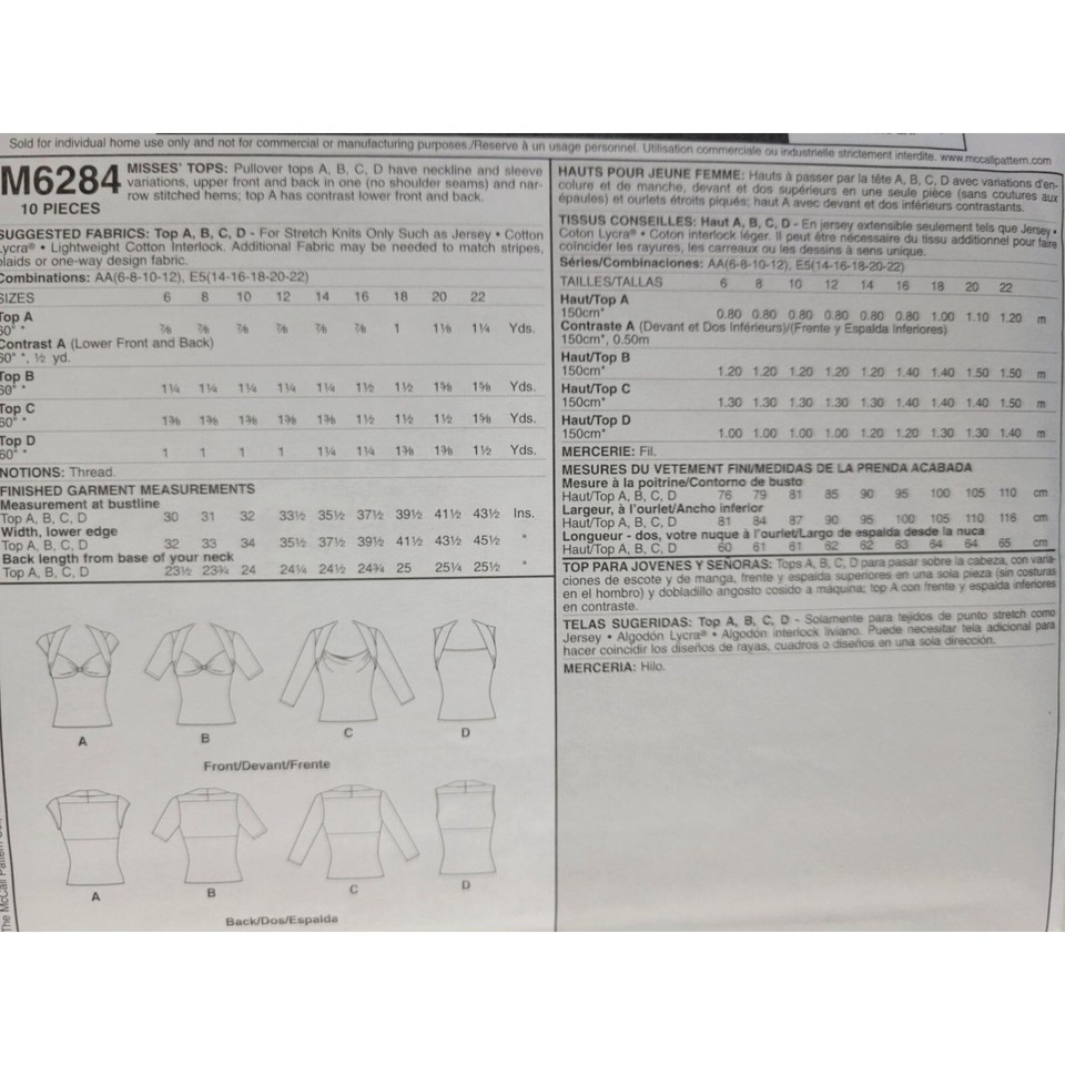 McCalls 6284 Sewing Pattern Womens Easy Knit Tops Size 6 8 10 12 Uncut ...