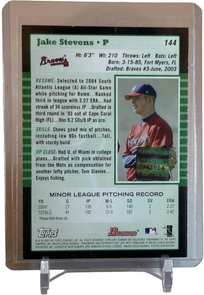 2005 Bowman Jake Stevens Autograph Rookie RC Card #144 Atlanta Braves W ...