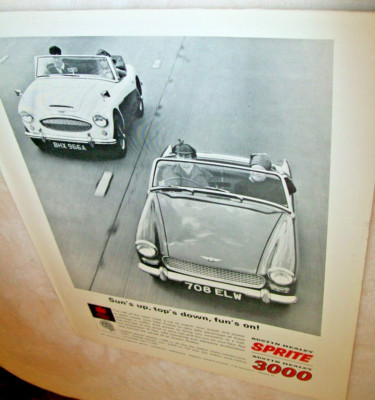 1964 Austin Healey Sprite 3000 British mag car ad -"Sun's up,top's down ...