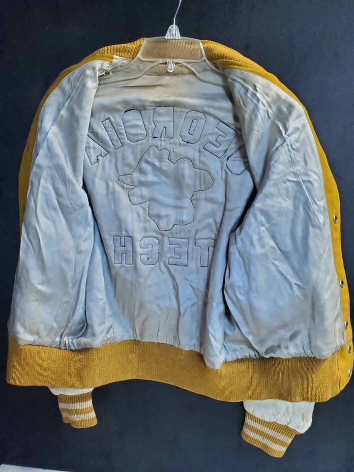 Vintage Georgia Tech Letterman/Bomber Jacket Gold Leather Sleeves Size ...