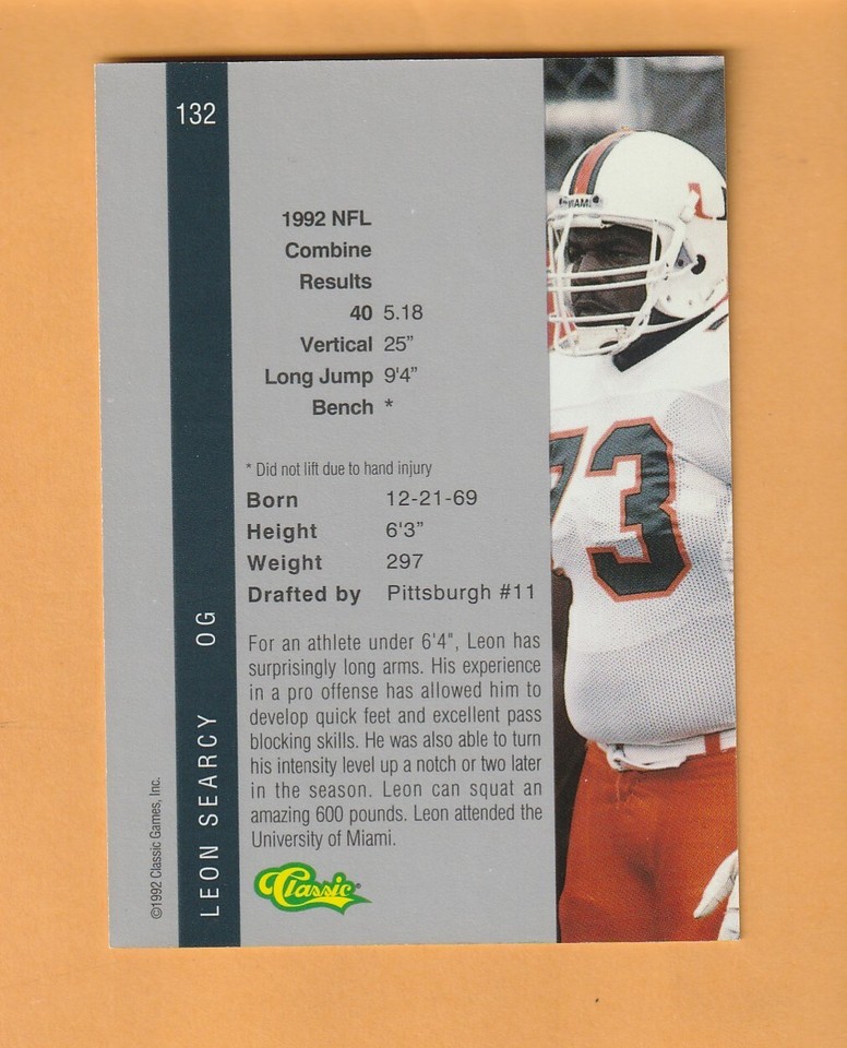 Leon Searcy Miami Hurricanes 1992 Classic Four Sport #132 Pittsburgh ...