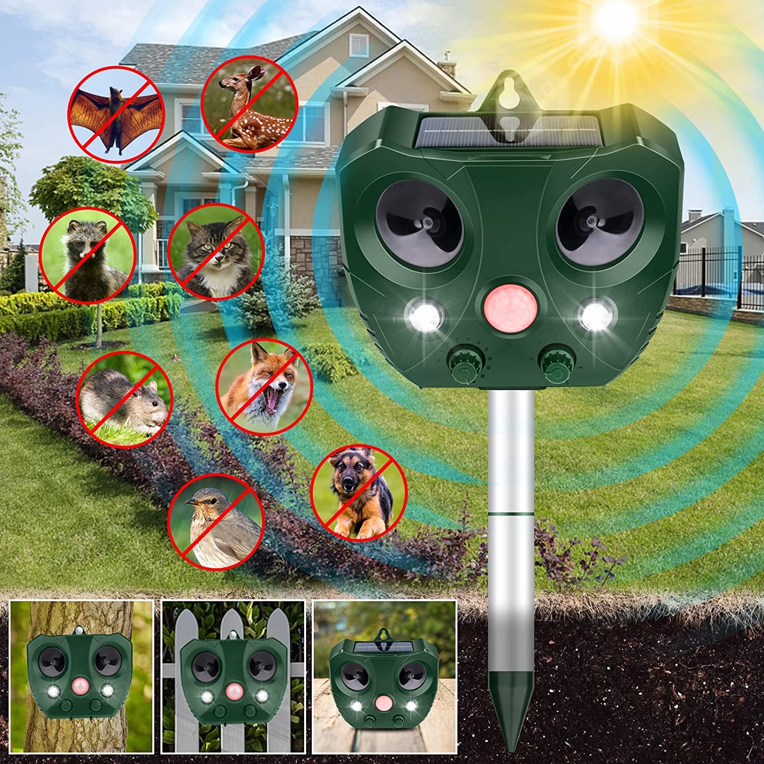 Outdoor Solar Ultrasonic Power Pest Animal Repeller Repellent Garden ...