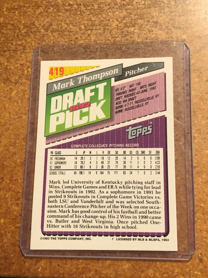 1993 Topps Gold Baseball # 419 1992 Draft Pick Mark Thompson RC | eBay