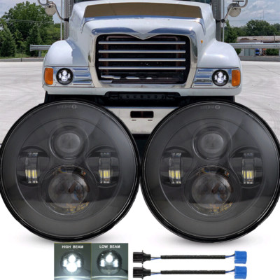 Pair 7" inch Round Led Headlights Hi/Lo Beam for Mack Granite CV713 ...