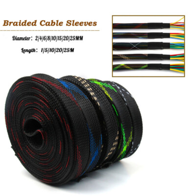 ALL SIZES & COLORS 1/5/10M Expandable Cable Sleeving Braided Tubing LOT ...